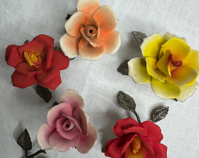 Five Capodimonte Porcelain Rose With Metal Stem Made in Italy ...