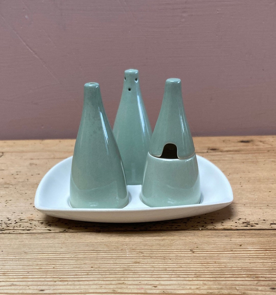 1950s Poole Pottery Green and White Cruet Set - Salt, Pepper and ...