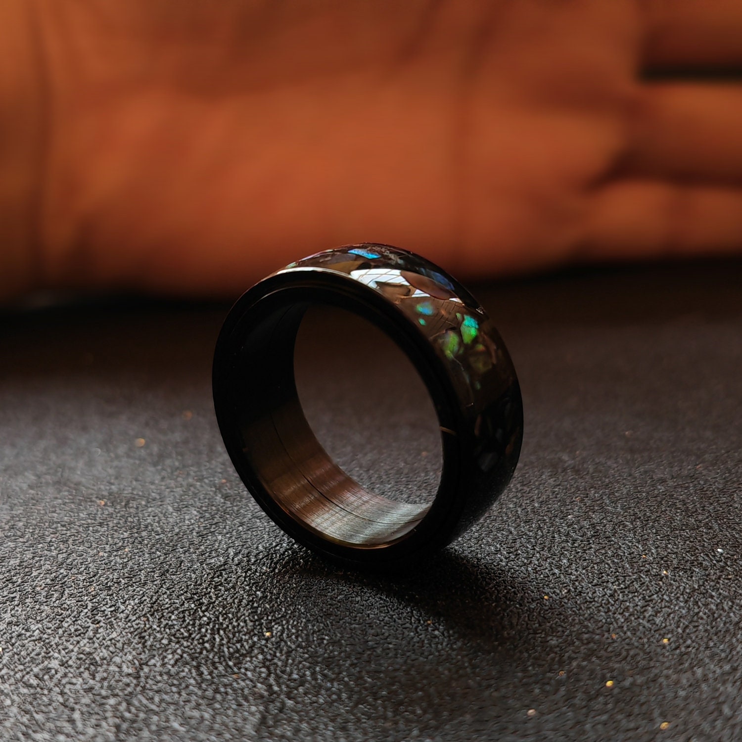 Black Titanium Fidget Ring: Rainbow Abalone Shell Rotating Band - Etsy
