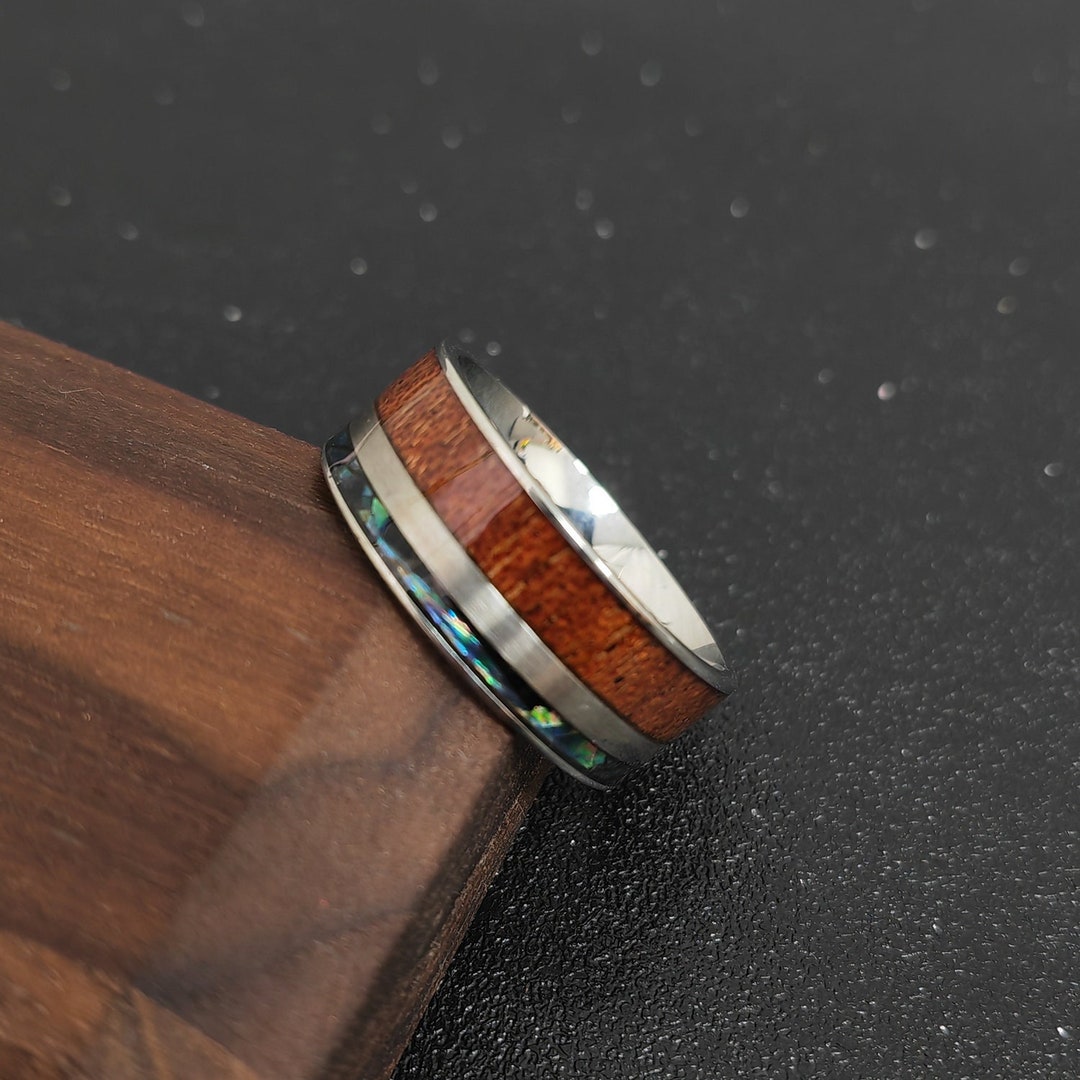 8mm Silver Wood Men Ring Rainbow Abalone Shell Rings Handmade Jewellry ...