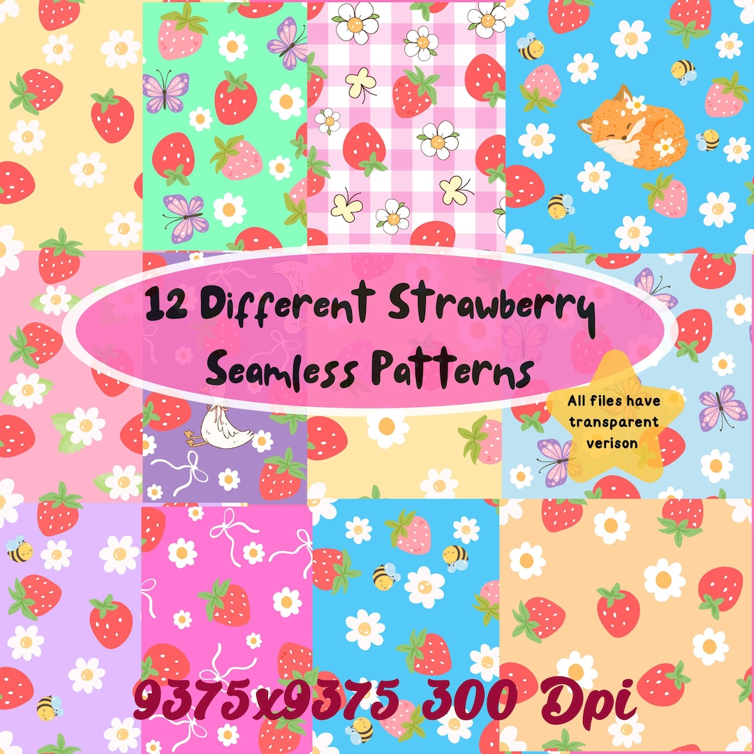 Strawberry Seamless Patterns | Pastel Floral Digital Paper (300 DPI PNG ...