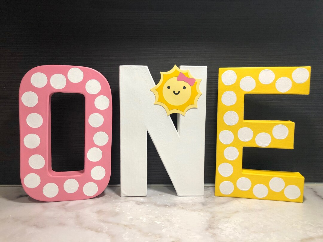 Sun Theme Painted Birthday Letters O-N-E, Sunshine, Pink, Yellow, White ...