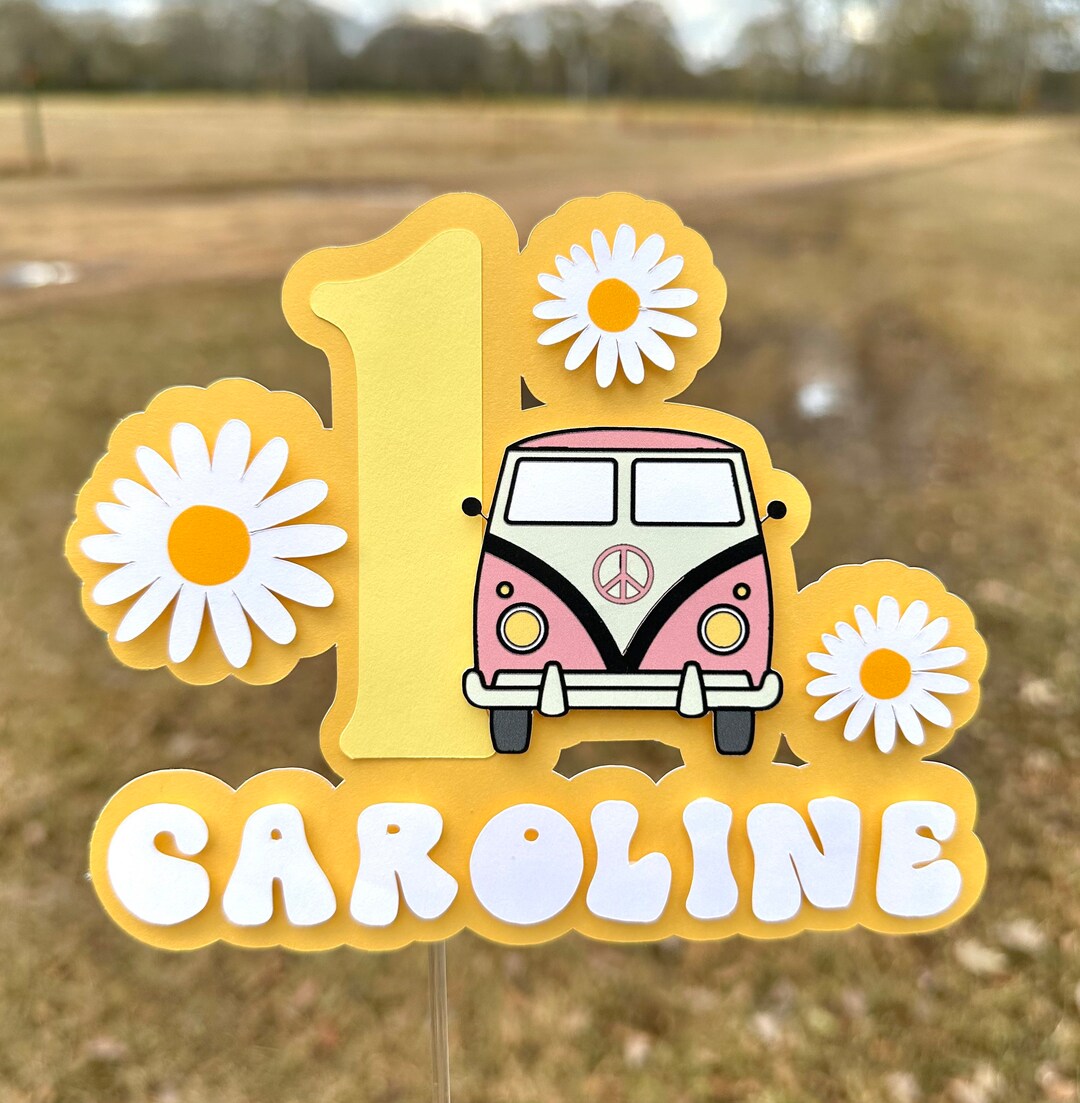 One Groovy Baby Cake Topper, Groovy One, Daisies, Hippie Van, Pink ...