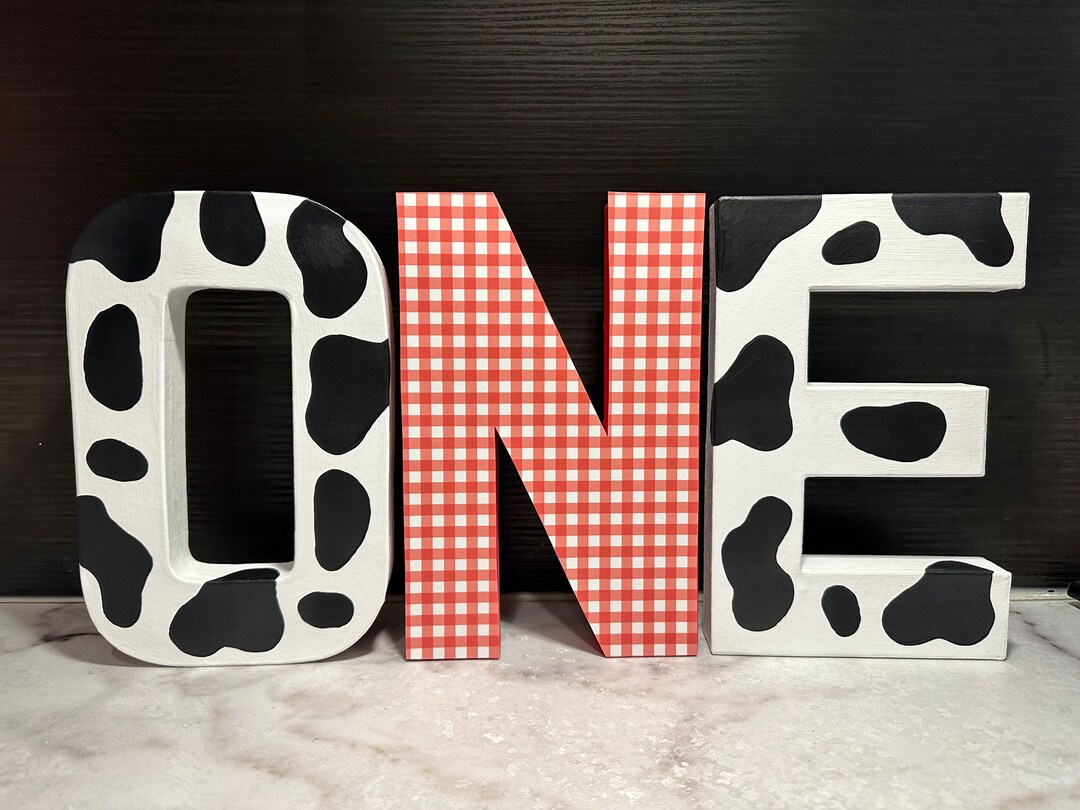 Cow Print Gingham Painted Birthday Letters O-N-E, Black, White, Red ...
