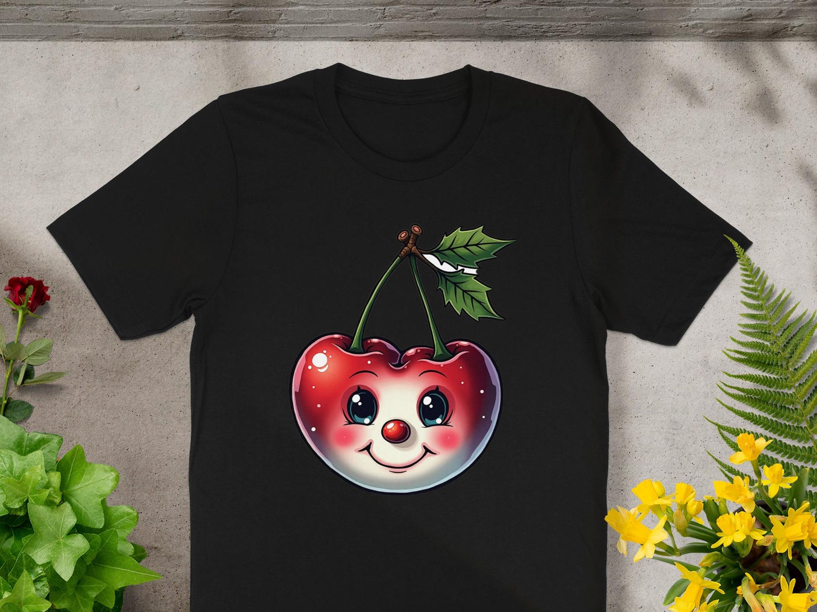 Cute Cherry Face T Shirt, Funny Fruit Digital Art, Whimsical Smiling ...