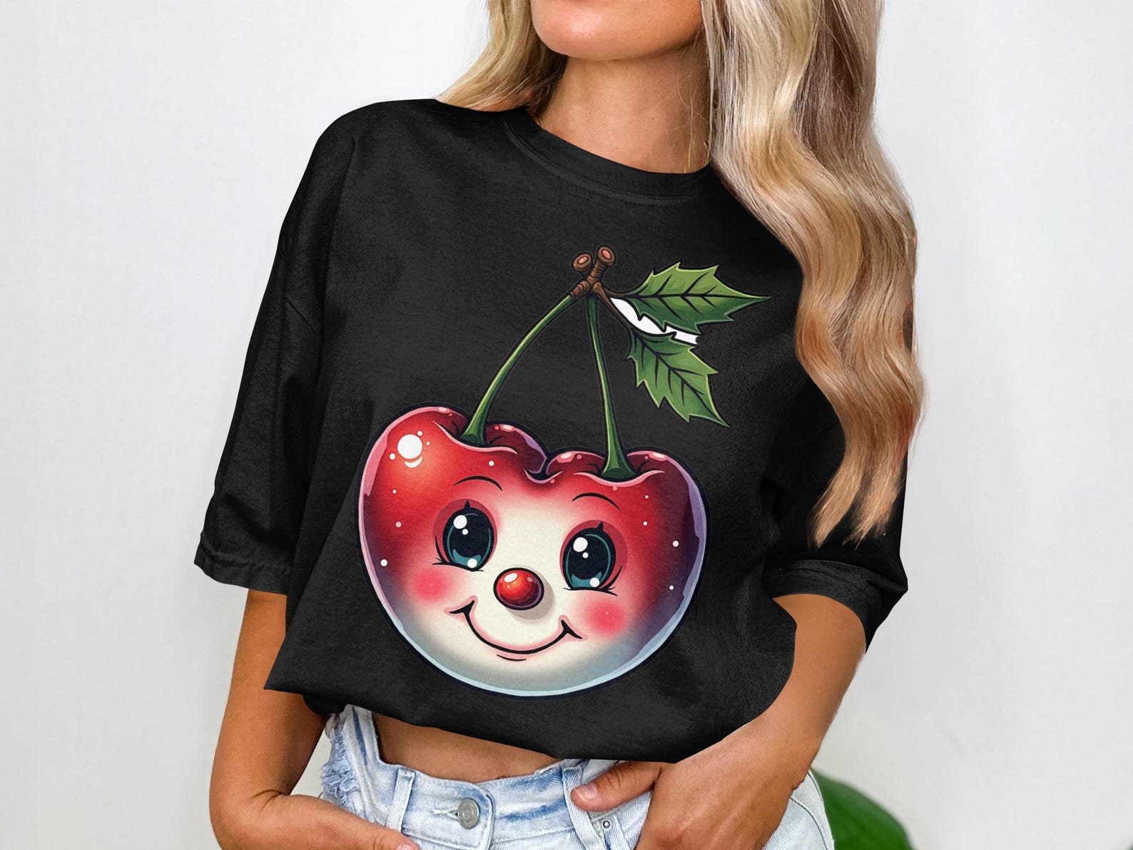 Cute Cherry Face T Shirt, Funny Fruit Digital Art, Whimsical Smiling ...