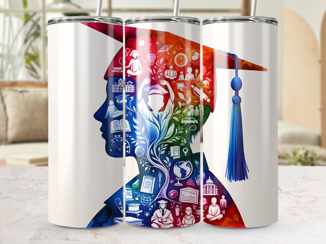 Graduation Silhouette Digital Tumbler Wrap, Colorful Graduation Cap Png ...