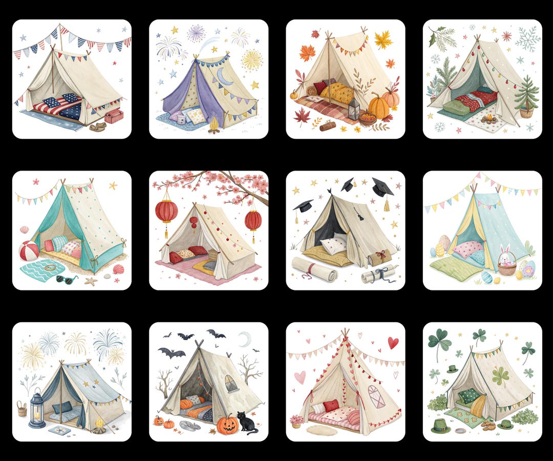 Tent Clipart Bundle, 12 Piece Set, Watercolor Tents, Holiday Designs ...