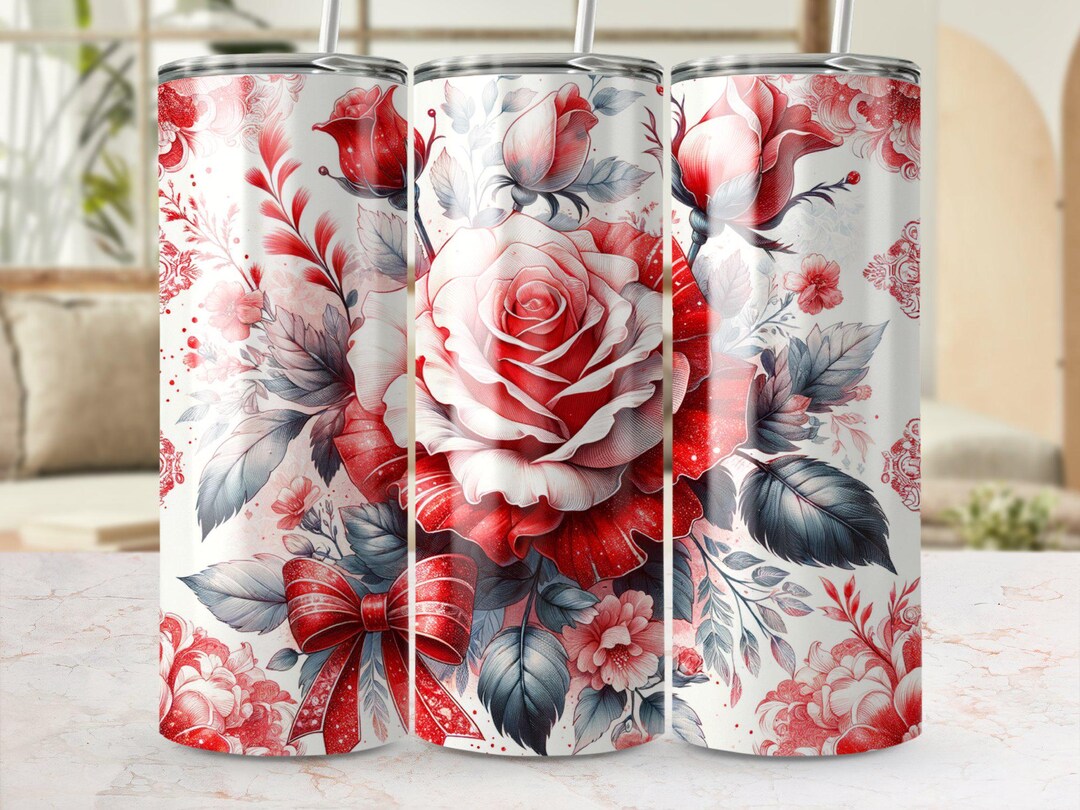 Floral Rose Tumbler Wrap: Red and White Flower Design (digital Download ...