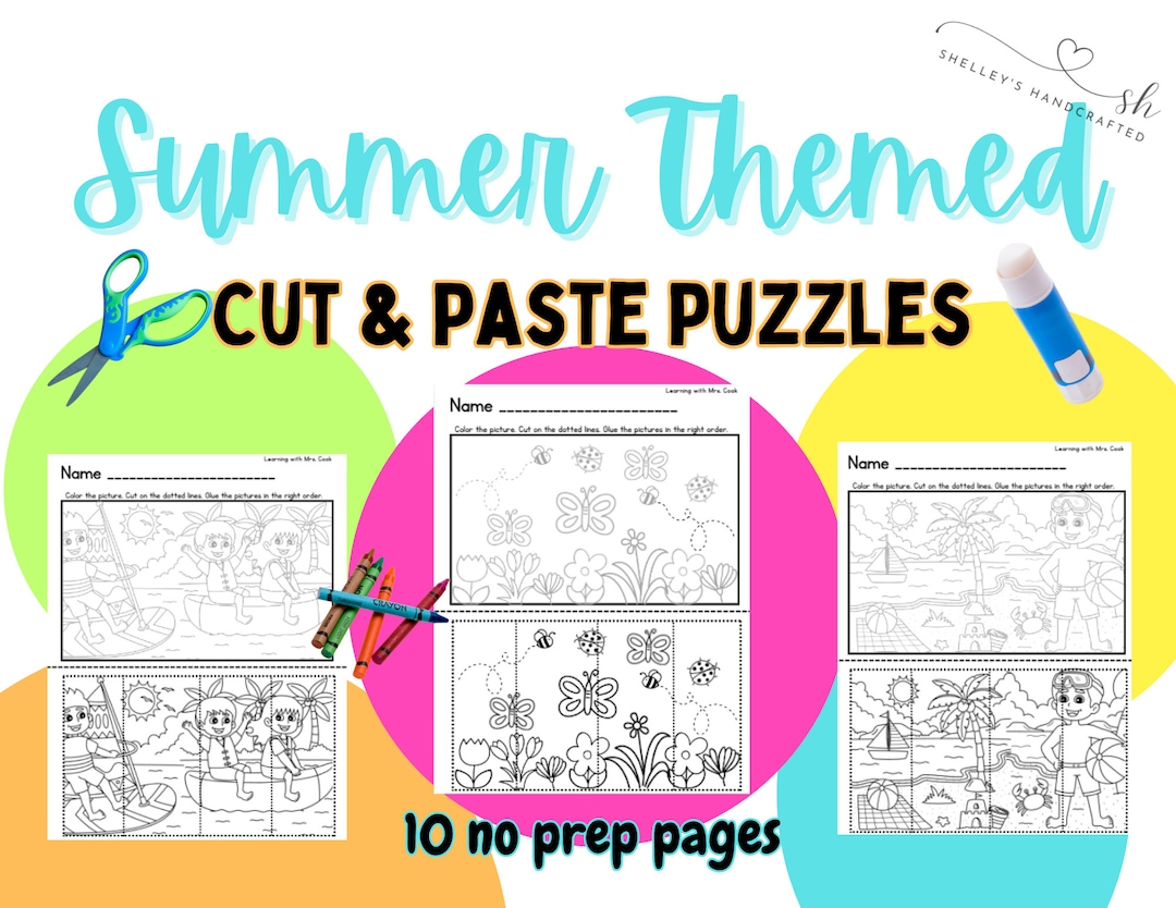 Summer Themed Cut and Paste Puzzle, Preschool Scissor Skill Worksheets ...