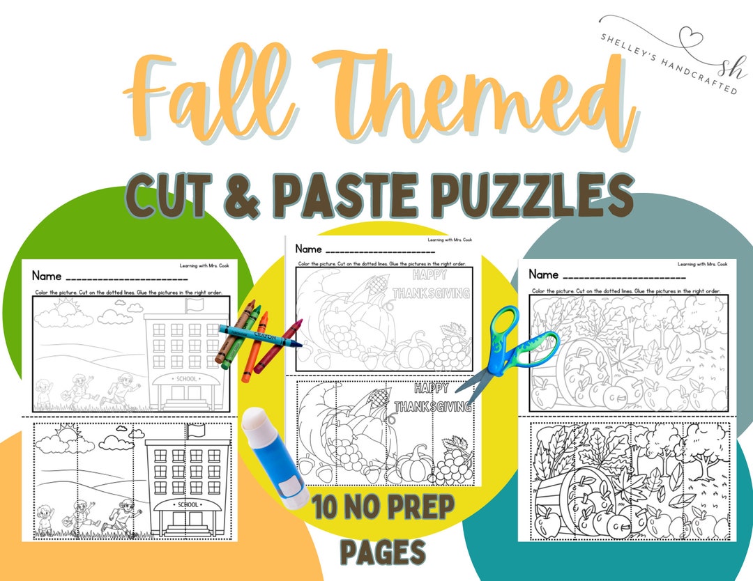 Fall Themed Cut and Paste Puzzle, Preschool Scissor Skill Worksheets ...