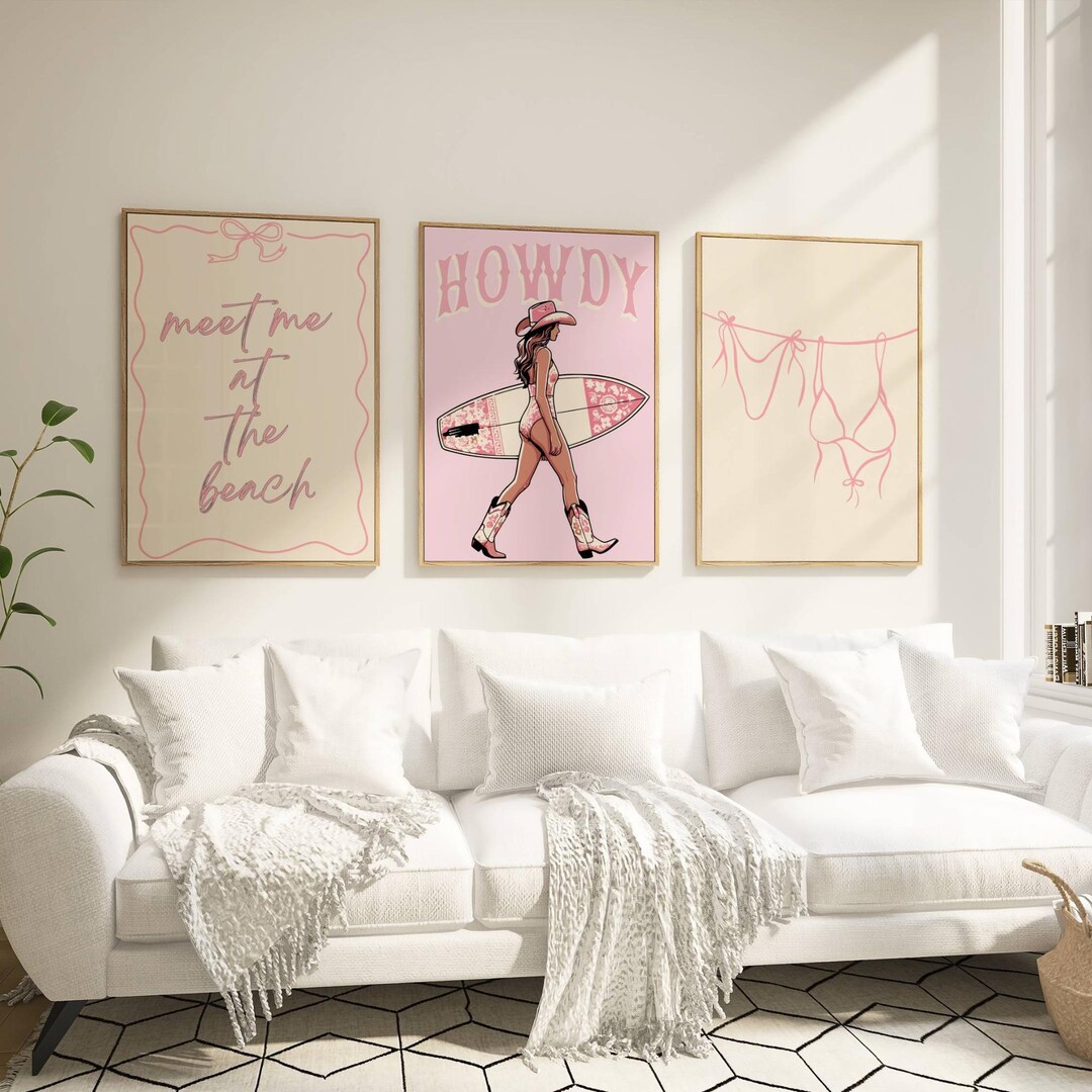Set of 3 Pink Surfer Girl Wall Art Prints | Beachy Dorm Room Decor ...