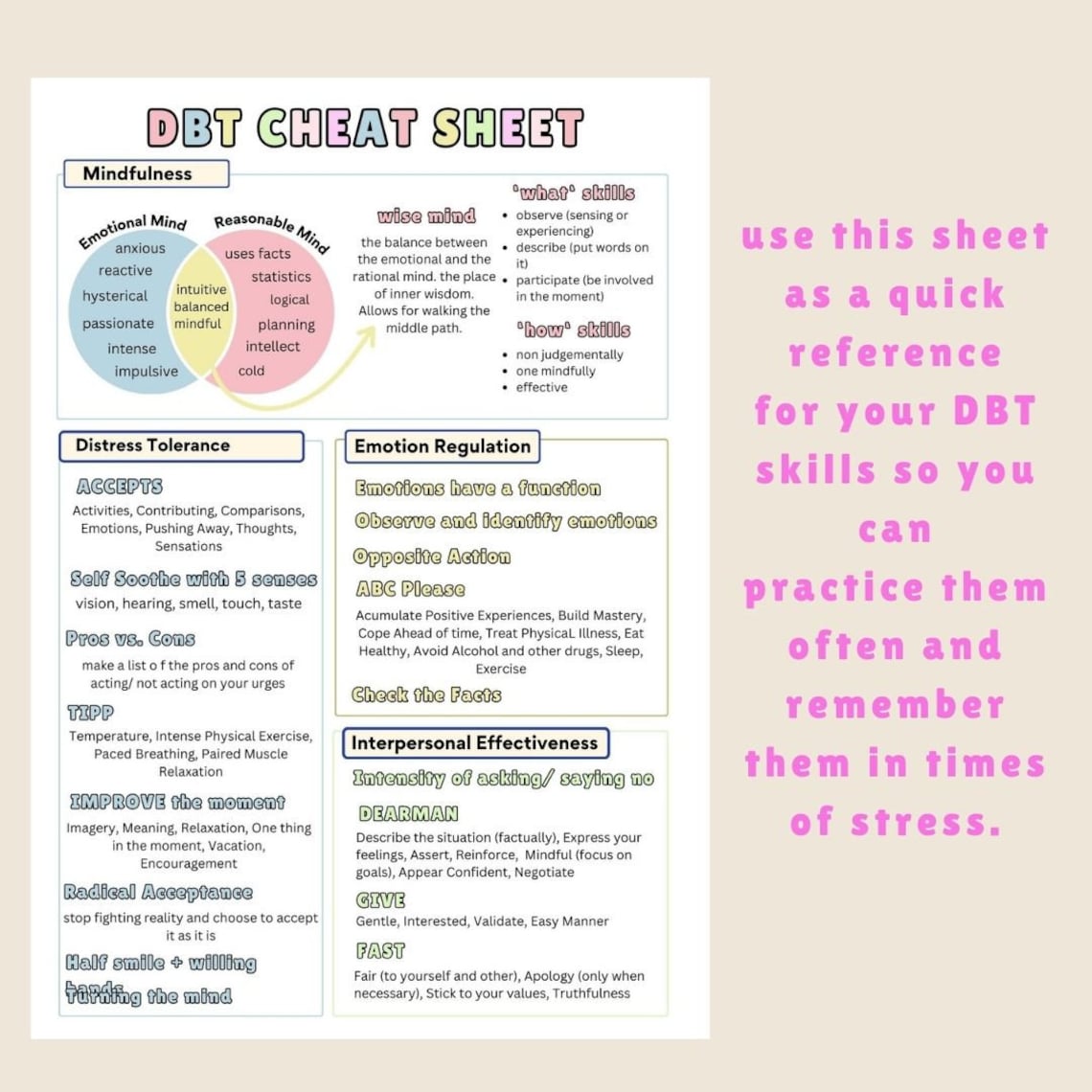 DBT Skills Cheat Sheet, Dialectical Behaviour Therapy, Therapy ...
