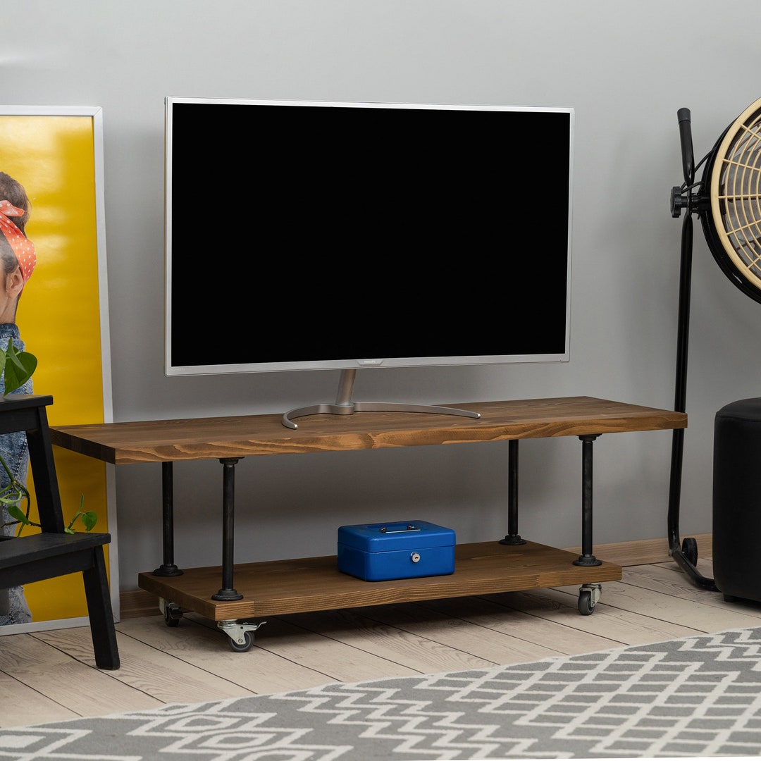 Wheel Tv Stand,wood and Metal Tv Unit -mass / Industrial Tv Stand ...
