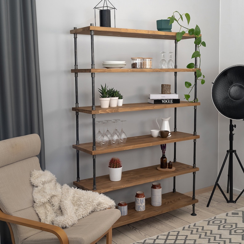 Metal Bookcaseindustrial Bookcase Wood Shelves Extra Storage - Etsy