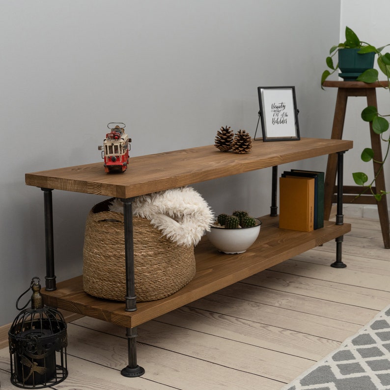 Industrial Wood & Metal TV Stand – Rustic Media Console, Dark Oak - Etsy
