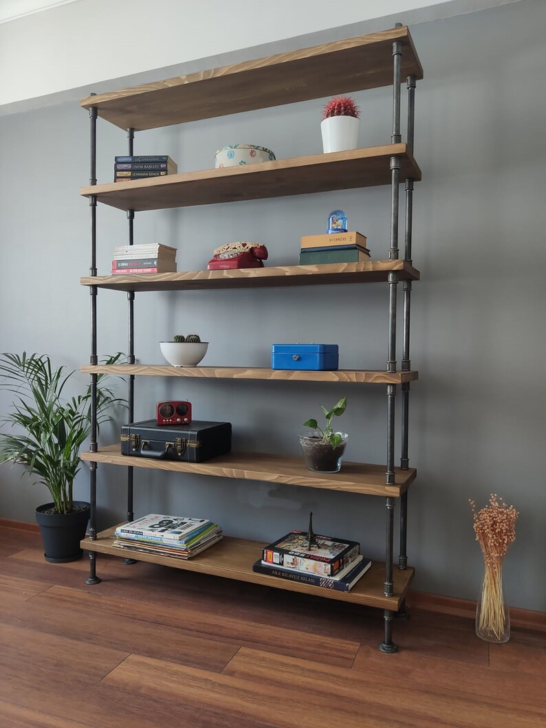 Industrial Bookcase Wood Shelves Extra Storage Shelf Iron - Etsy
