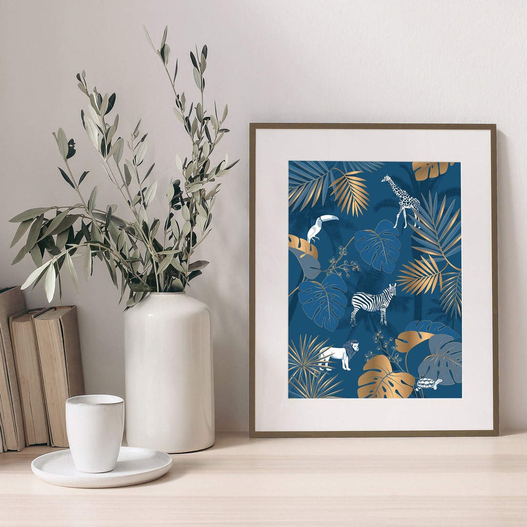 Tropical JUNGLE Style Poster Blue Color With Gold Gilding - Etsy