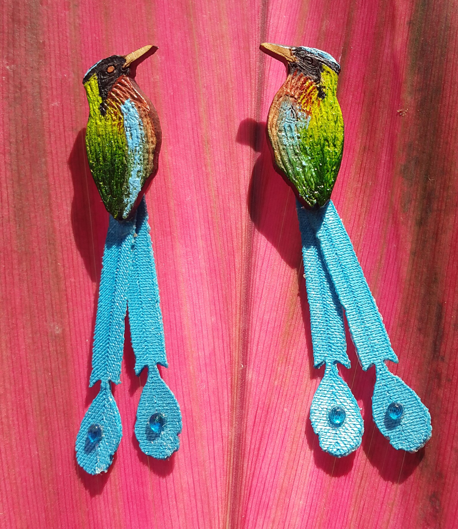 Colorful Wooden Earrings, Green Bird, Blue Bird, Cute Bird Jewelry Hand ...