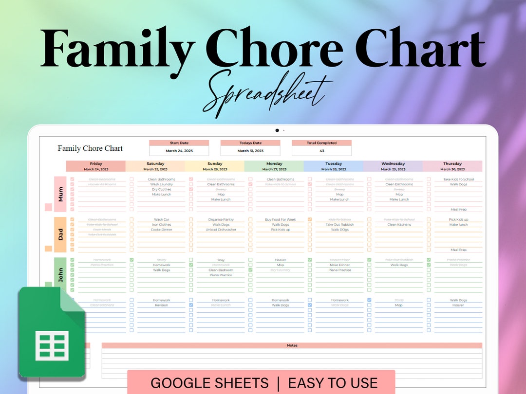 Family Chore Chart Spreadsheet for Google Sheets, Cleaning Checklist ...