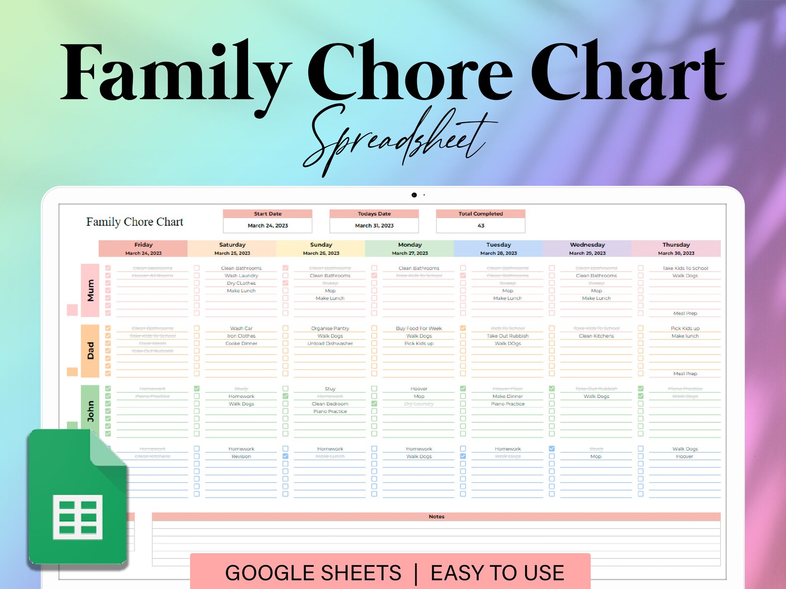 Family Chore Chart Spreadsheet for Google Sheets, Cleaning Checklist ...