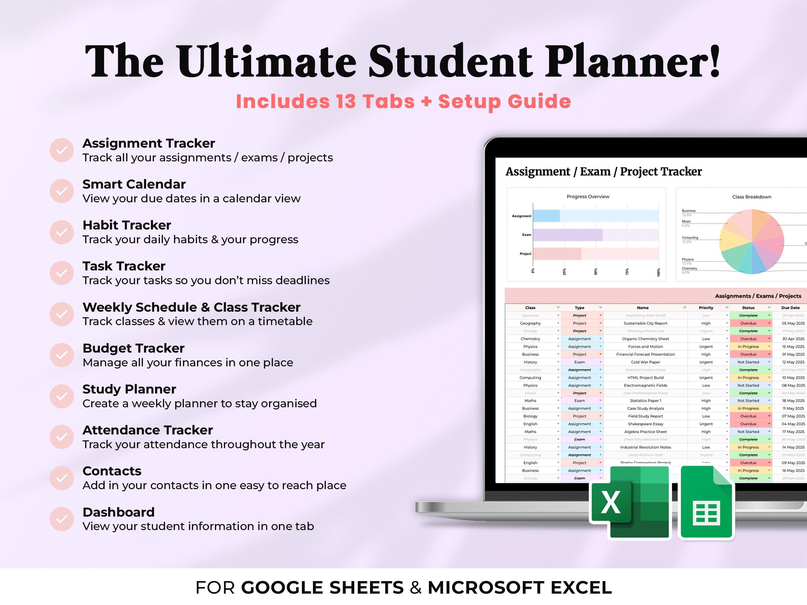 Buy Academic Student Planner Spreadsheet School Assignment Tracker ...