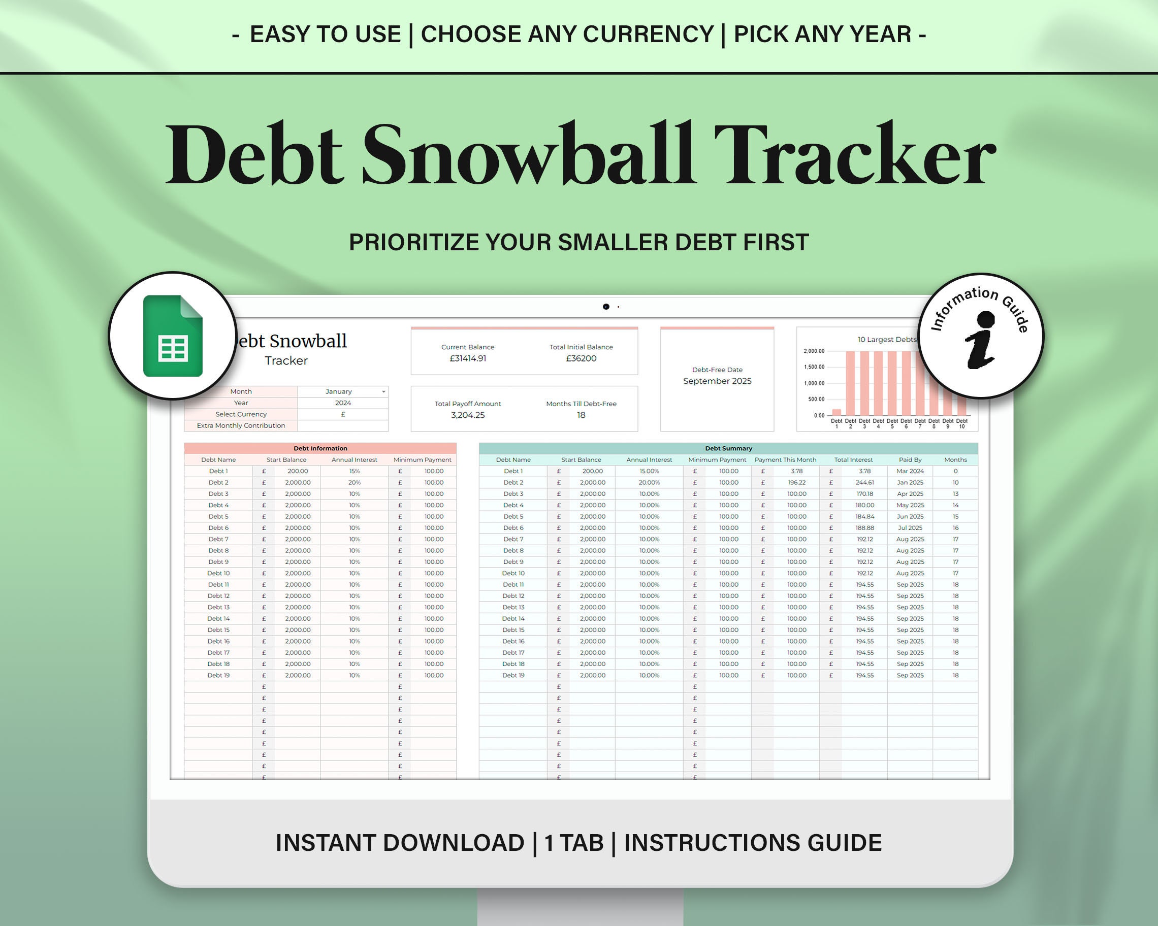 Debt Snowball Spreadsheet Google Sheets, Debt Payoff Tracker, Debt ...