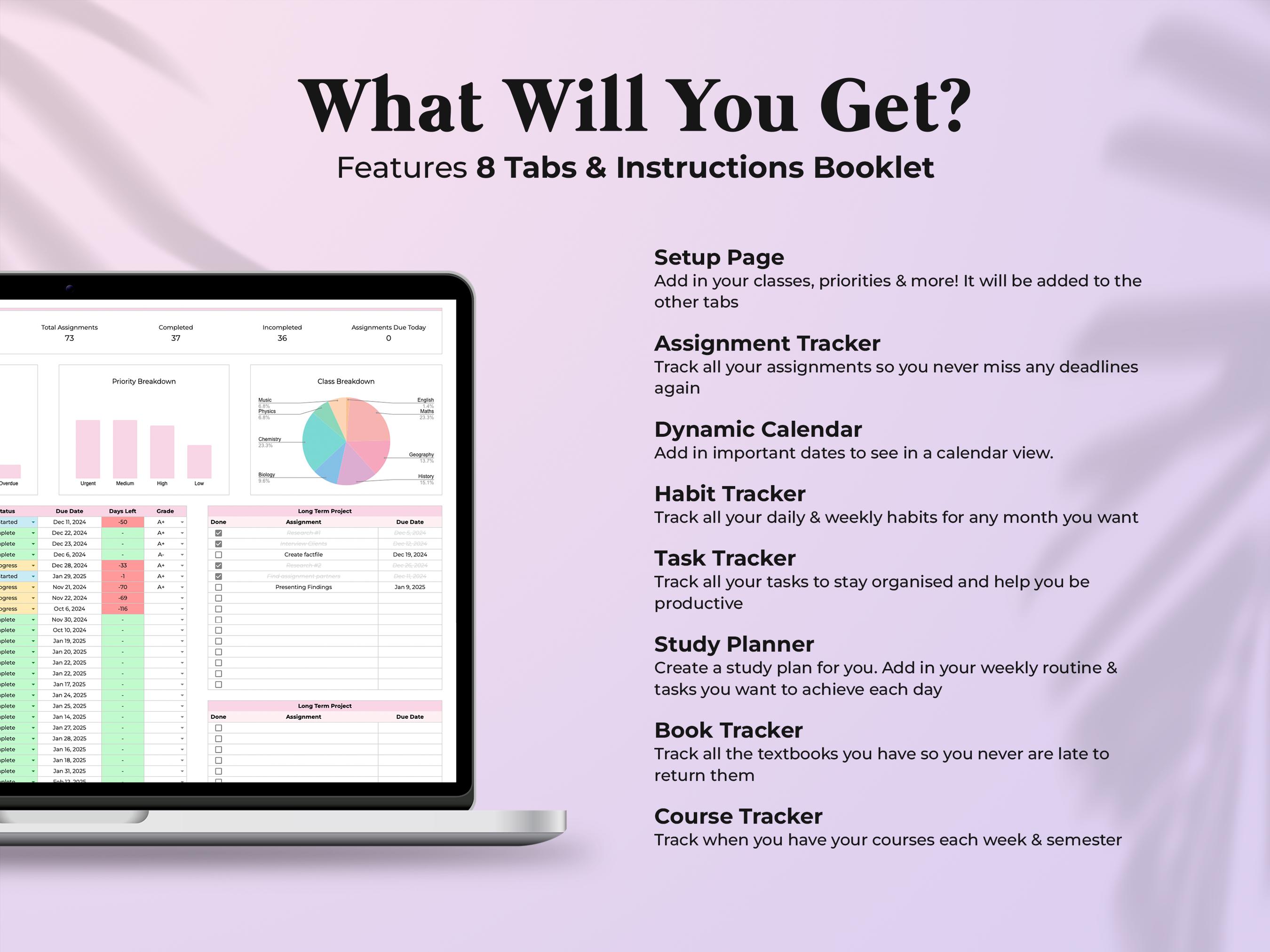 Academic Student Planner Spreadsheet, School Assignment Tracker Google ...