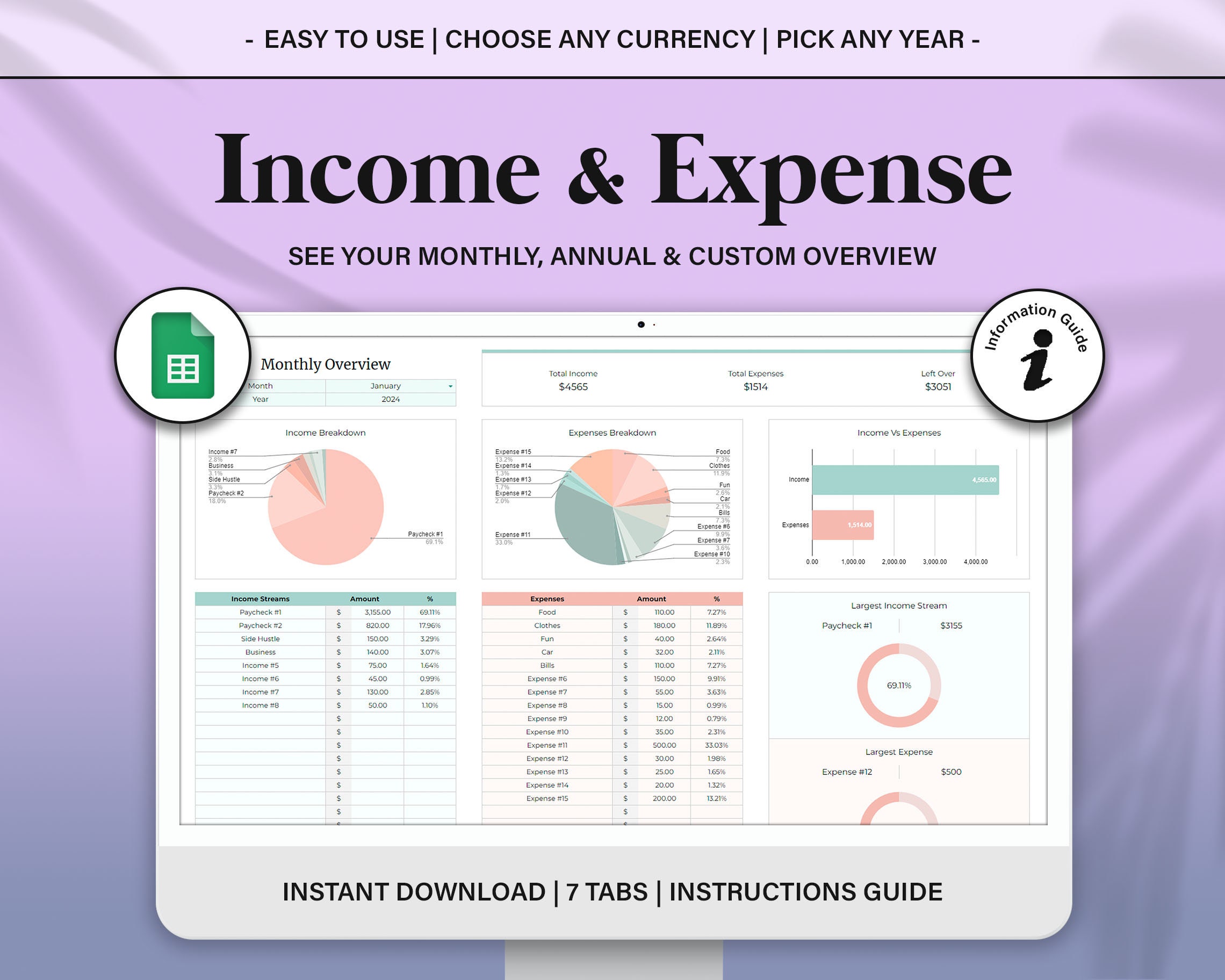 Income and Expense Tracker Google Sheets, Monthly Expense Tracker ...