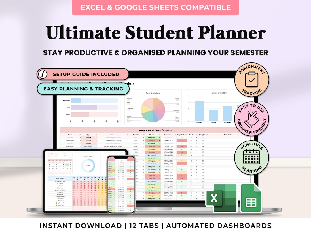 Academic Student Planner Spreadsheet School Assignment Tracker Google ...
