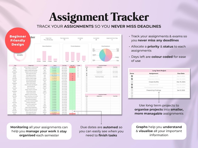 Academic Student Planner Spreadsheet, School Assignment Tracker Google ...