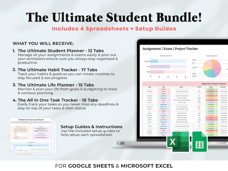 Academic Student Planner Google Sheets Student Productivity Spreadsheet ...