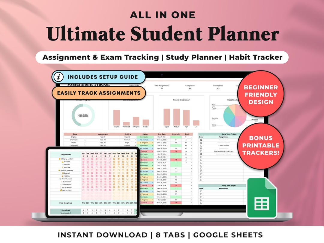 Academic Student Planner Spreadsheet, School Assignment Tracker Google ...
