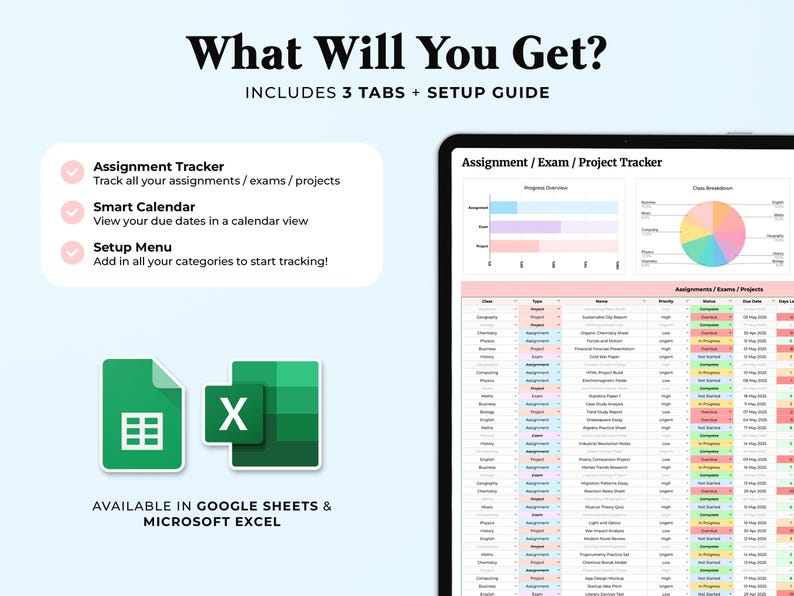 Assignment Tracker Spreadsheet Google Sheets Academic Student Planner ...