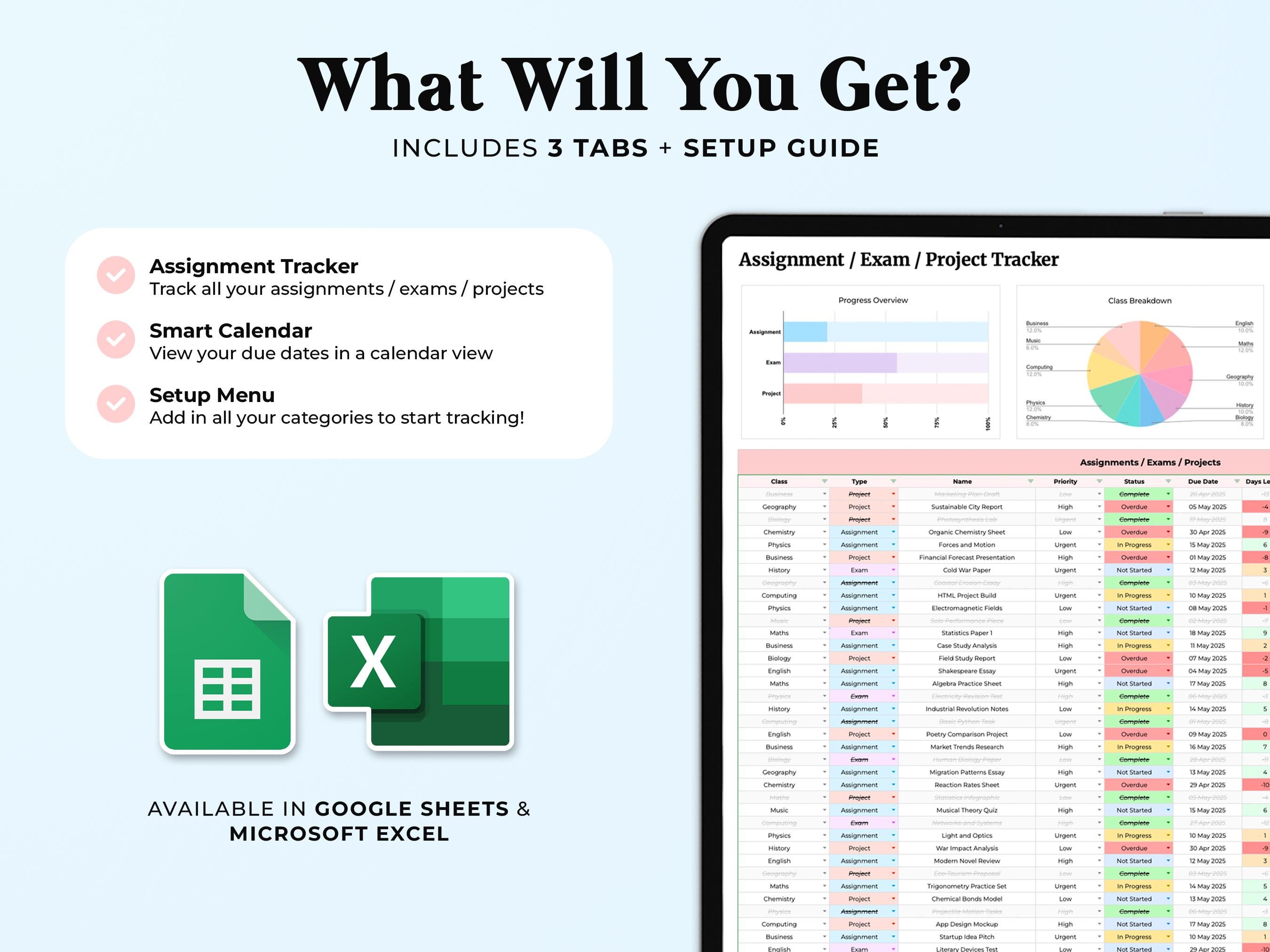 Assignment Tracker Spreadsheet Google Sheets Academic Student Planner ...