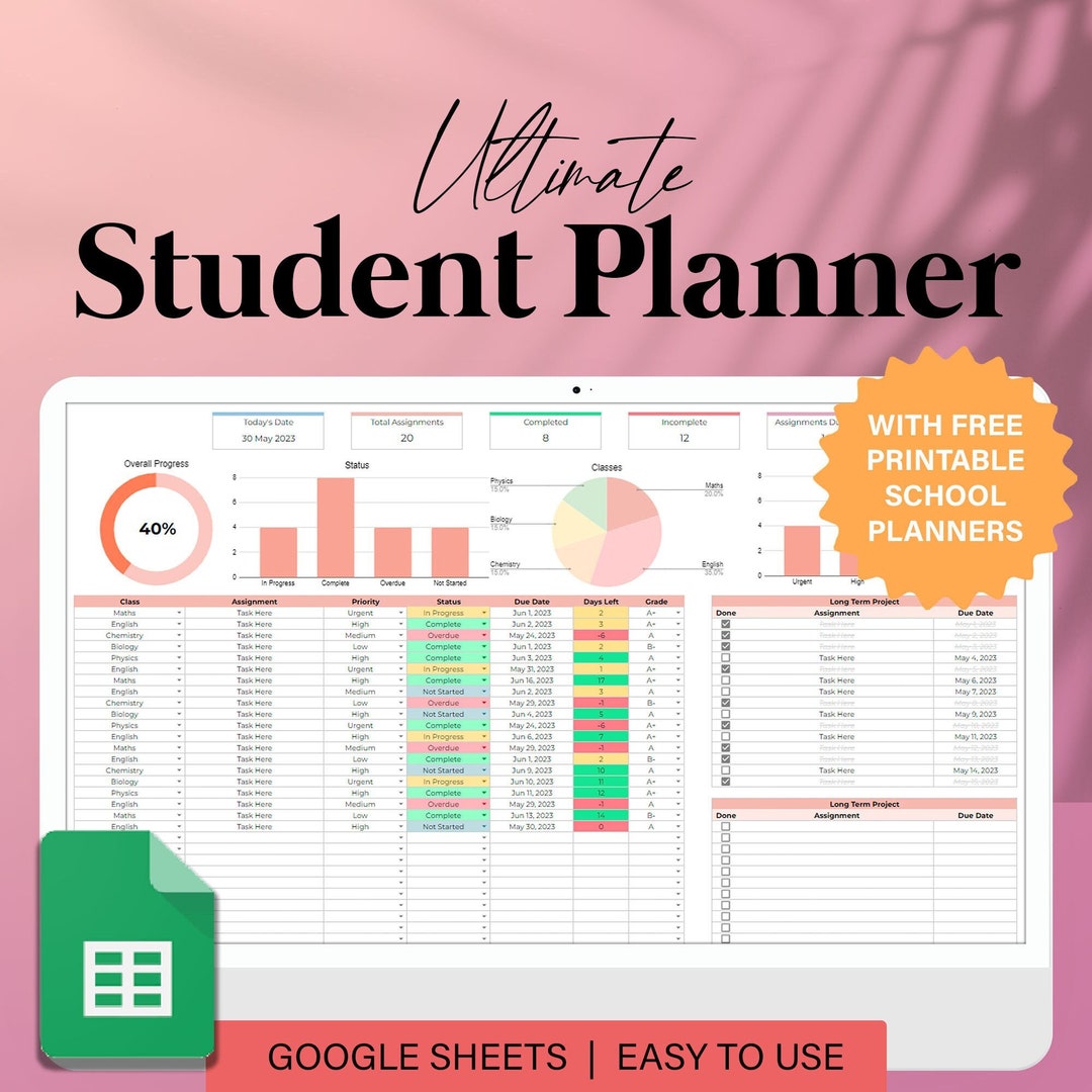 Academic Student Planner Spreadsheet School Assignment - Etsy UK