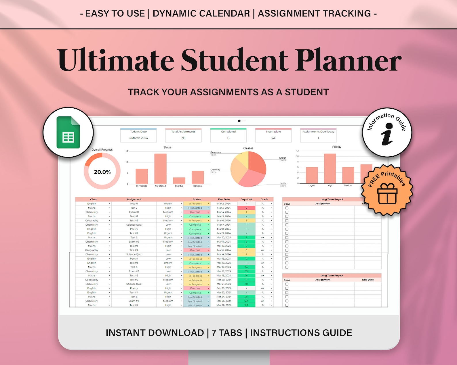 Academic Student Planner Spreadsheet, School Assignment Tracker Google ...