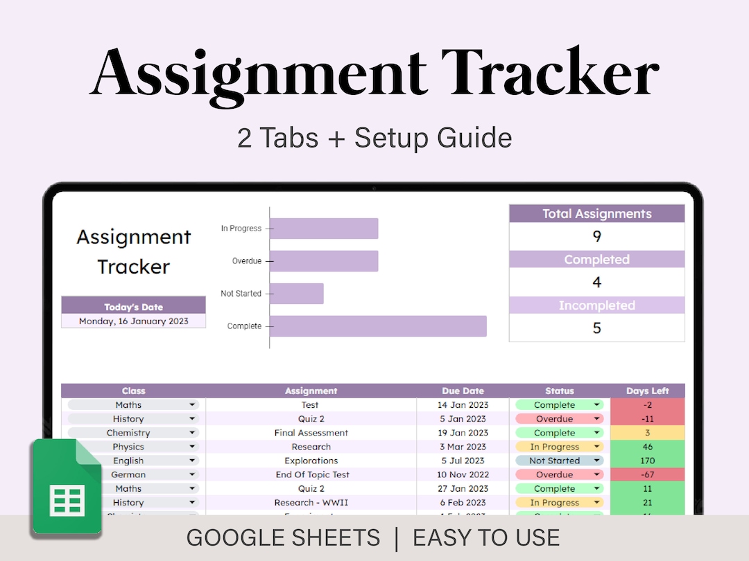 Assignment Tracking Spreadsheet, School Spreadsheet, Assignment Tracker Google Sheets, Task ...