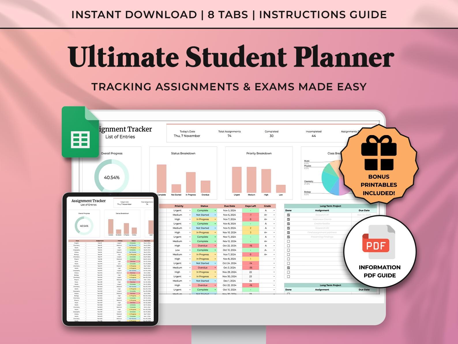 Academic Student Planner Spreadsheet, School Assignment Tracker Google ...