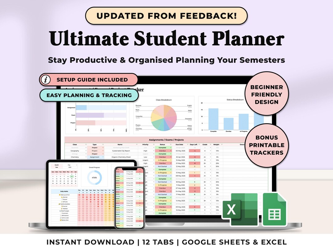 Academic Student Planner Spreadsheet School Assignment Tracker Google ...