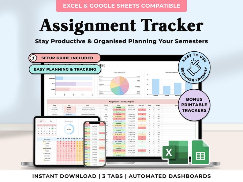 Assignment Tracker Spreadsheet Google Sheets Academic Student Planner ...