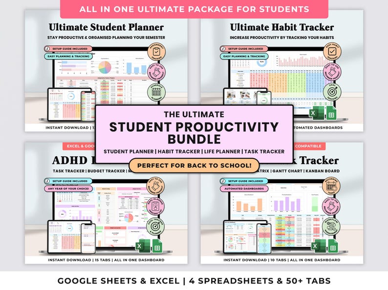 Academic Student Planner Google Sheets Student Productivity Spreadsheet ...
