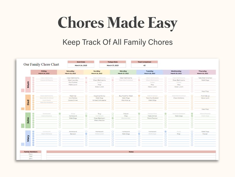 Family Chore Chart Spreadsheet for Google Sheets, Cleaning Checklist ...