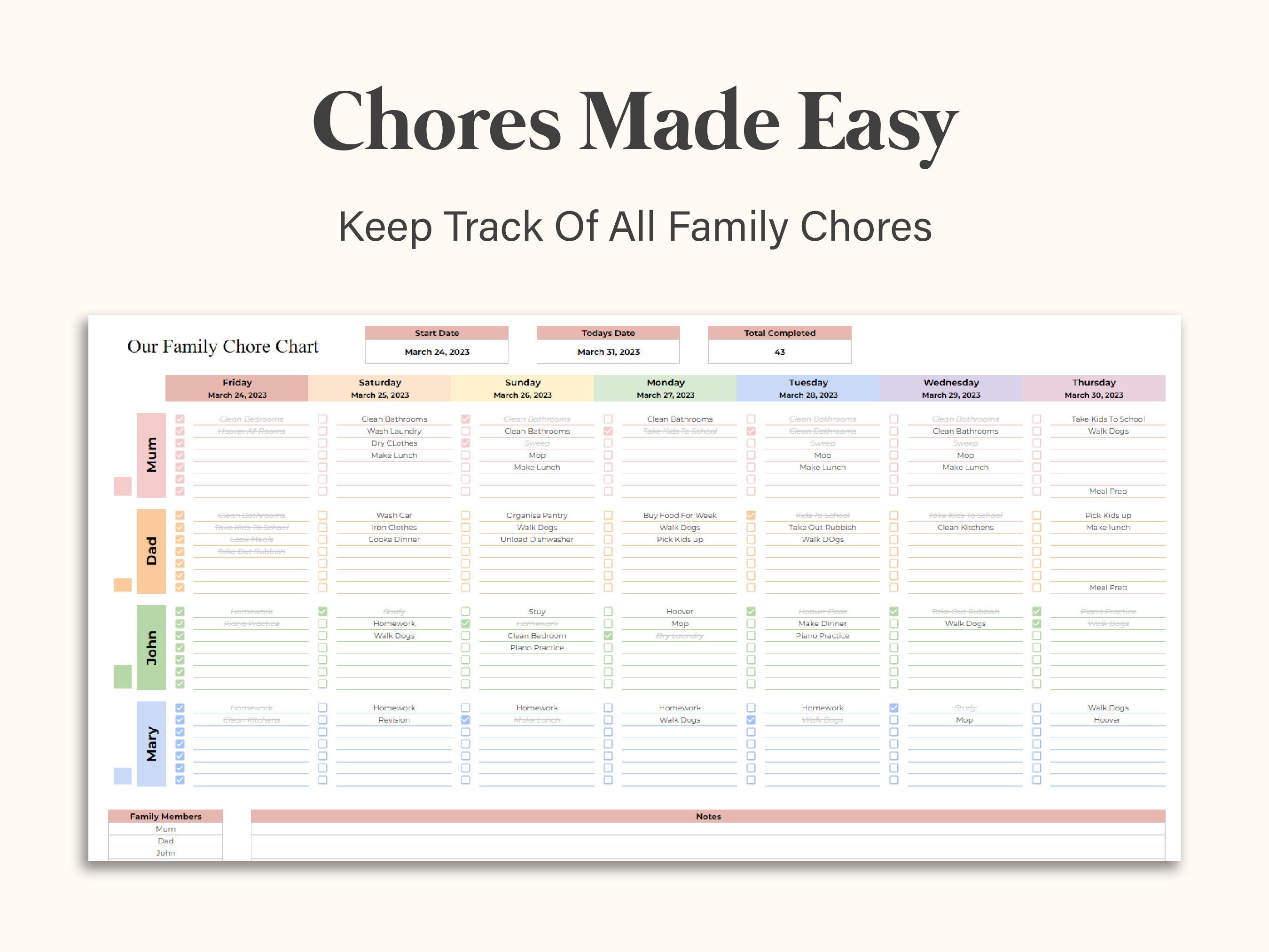 Family Chore Chart Spreadsheet for Google Sheets, Cleaning Checklist ...