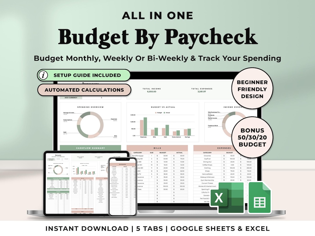 Budget by Paycheck Google Sheets Spreadsheet Excel Paycheck Budget ...