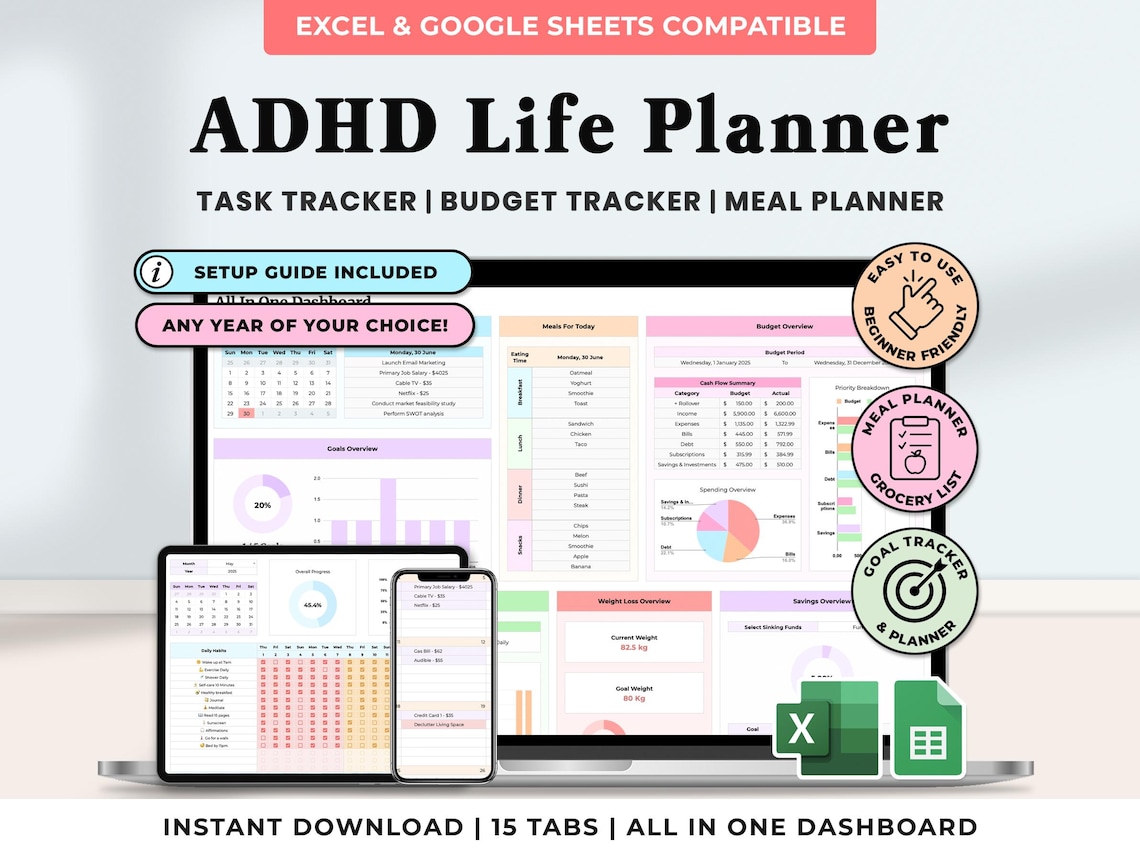 ADHD Life Planner Spreadsheet Google Sheets Task to Do List Template ...