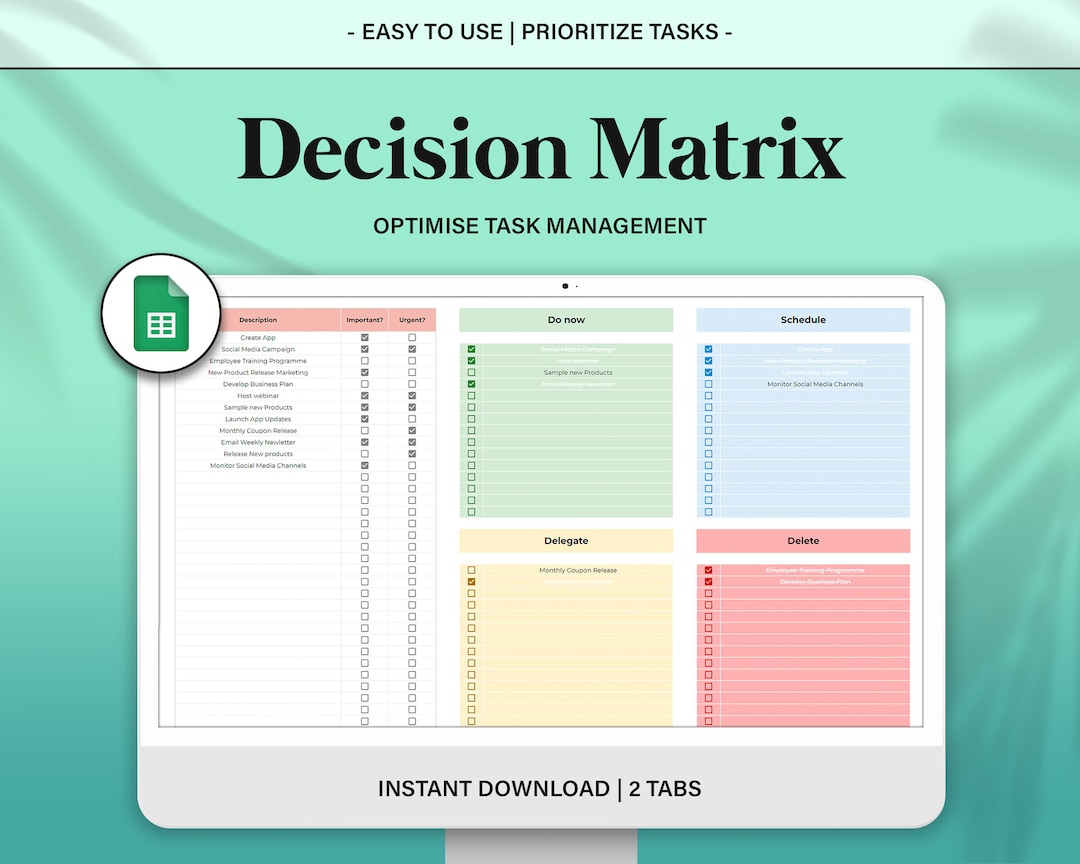 Decision Matrix Spreadsheet, Task Priority Tracker Google Sheets, Task ...