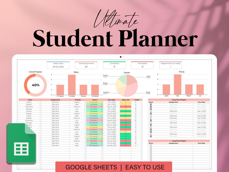 Academic Student Planner Spreadsheet School Assignment - Etsy