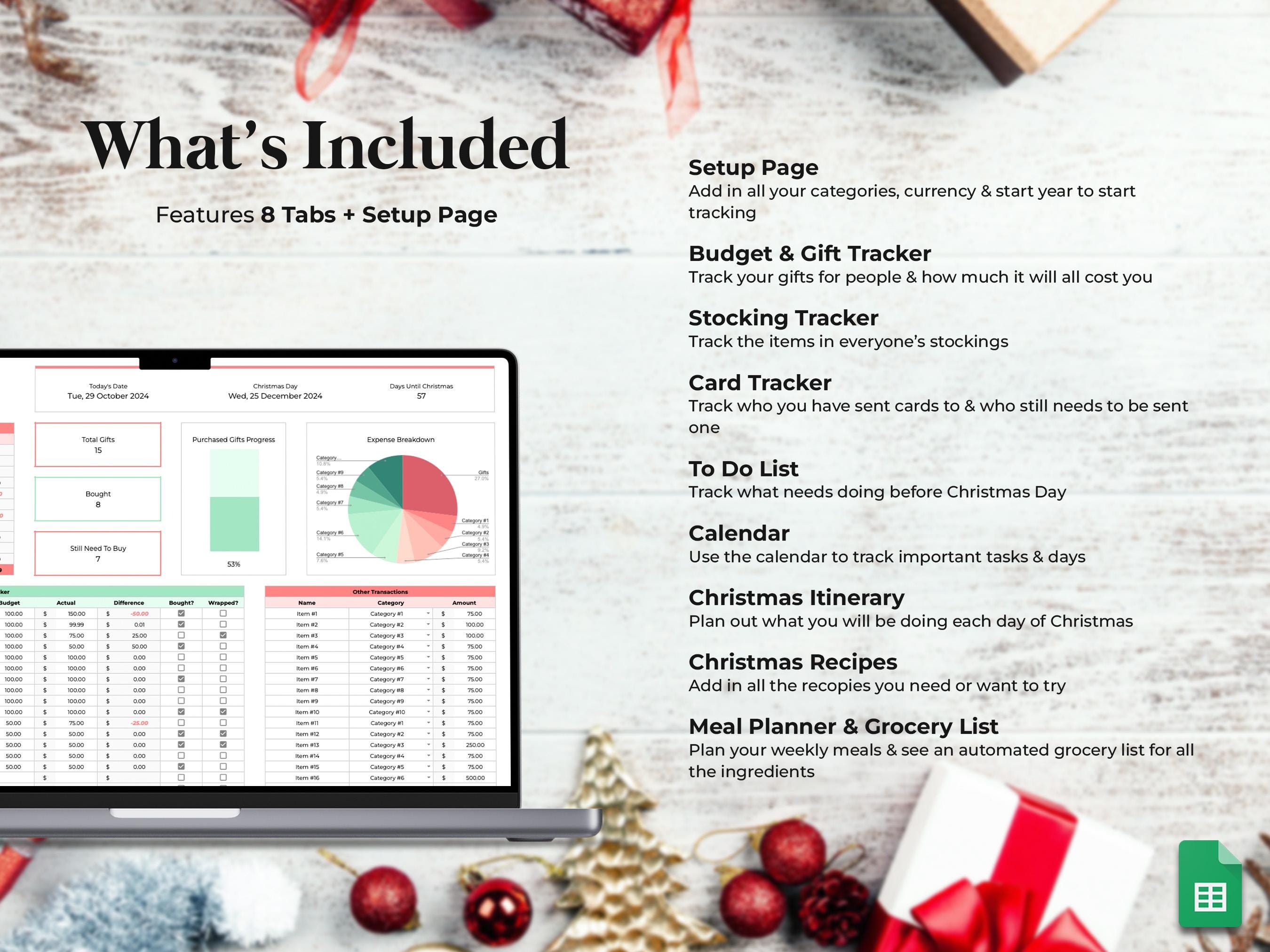 Christmas Planner Spreadsheet Google Sheets Budget Tracker Gift Tracker ...