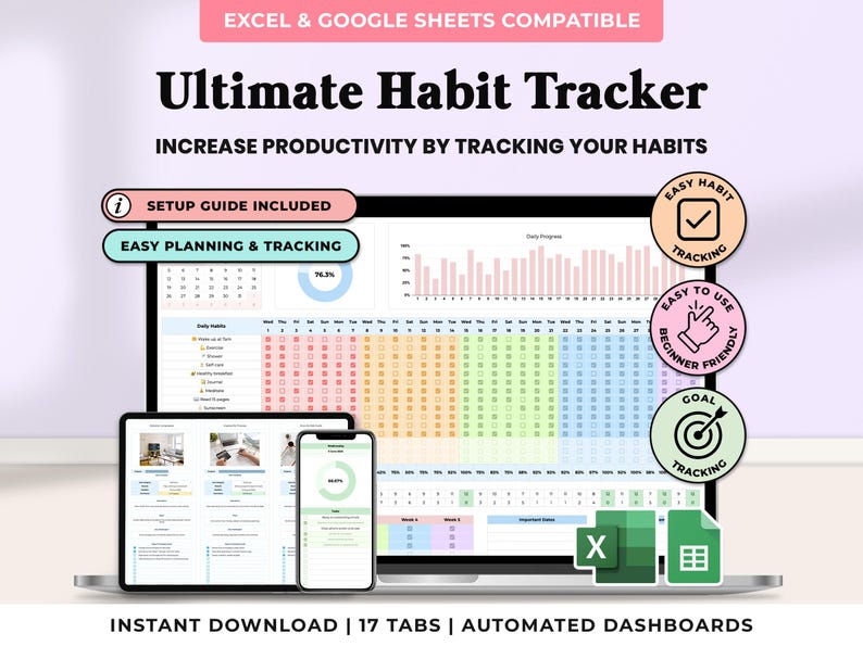 2026 Daily Habit Tracker Spreadsheet Excel Monthly Habit Planner Google ...